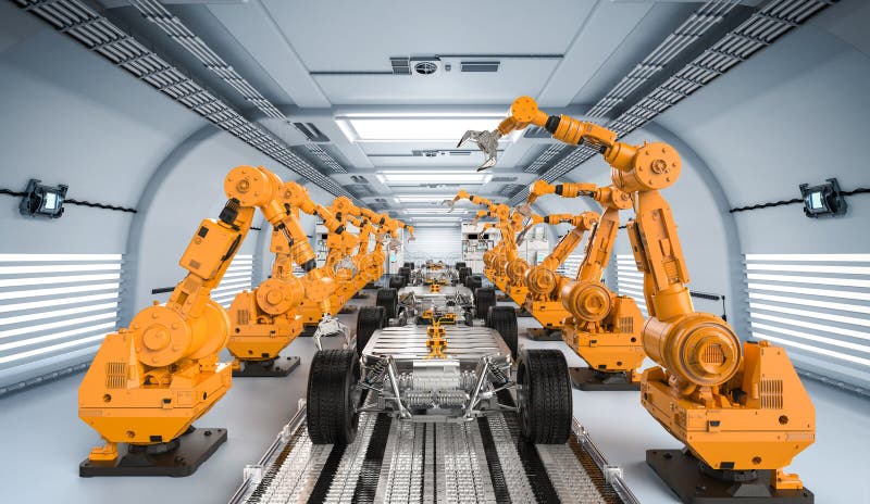 Robot Assembly Line with Ev Car Battery on Undercarriage Platform Stock ...