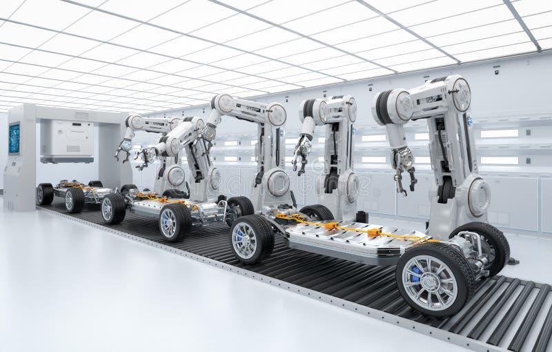 Robot Assembly Line with Ev Car Battery on Undercarriage Platform Stock ...