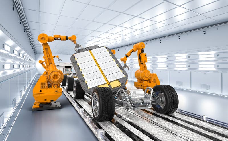 Robot Assembly Line with Ev Car Battery on Undercarriage Platform Stock ...