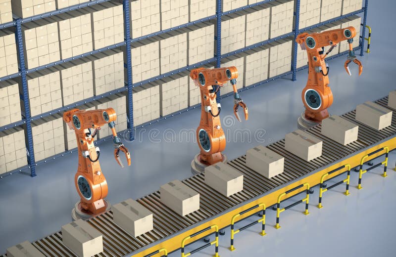 Robot Assembly Line in Factory Stock Illustration - Illustration of ...