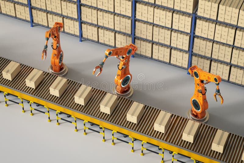 Robot Assembly Line in Factory Stock Illustration - Illustration of ...