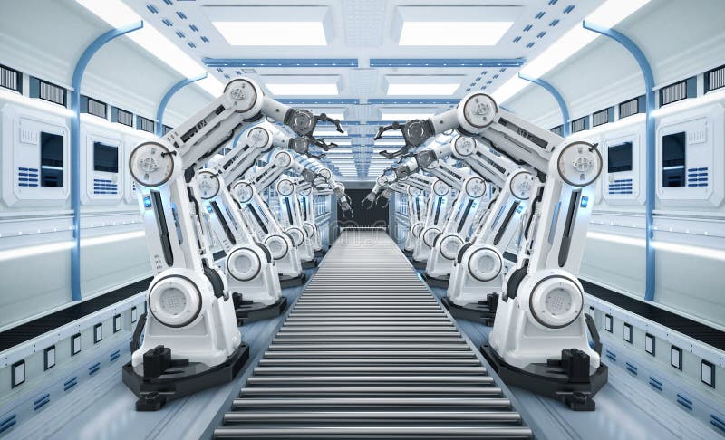 Robot Assembly Line with Car Engine or Machine Stock Illustration ...