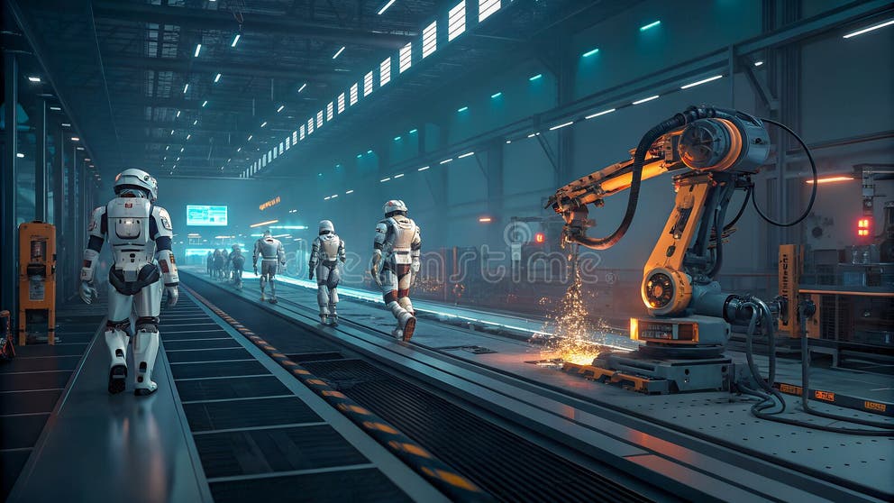 A Robot Assembly Line in a Factory at Night Stock Illustration ...