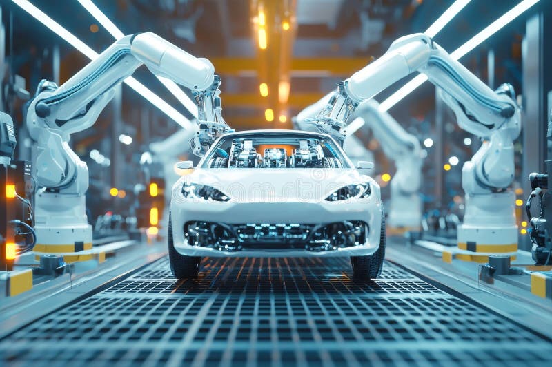 A Robot Assembly Line with a Platform Holding an Electric Car Battery ...