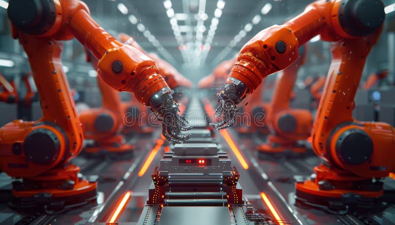 A Robot Assembly Line with a Red Robot on the Left and a Red Robot on ...