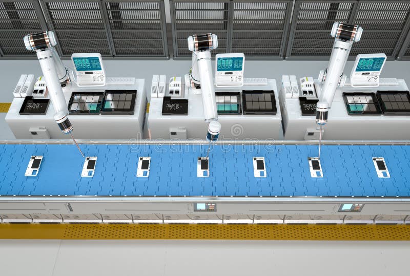 Robot Assembly Line with Smartphone in Factory Stock Illustration ...