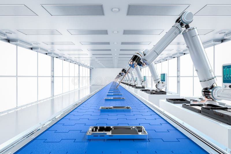 Robot Assembly Line with Smartphone in Factory Stock Illustration ...