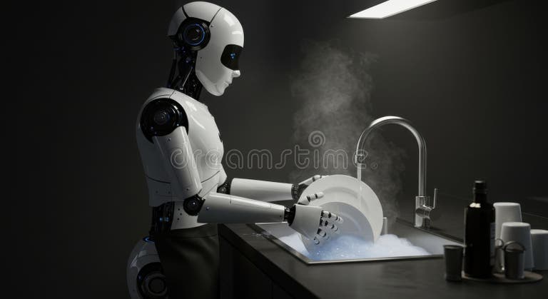 Robot Assistant Doing Chores in a Dramatic, Dark Kitchen Stock ...
