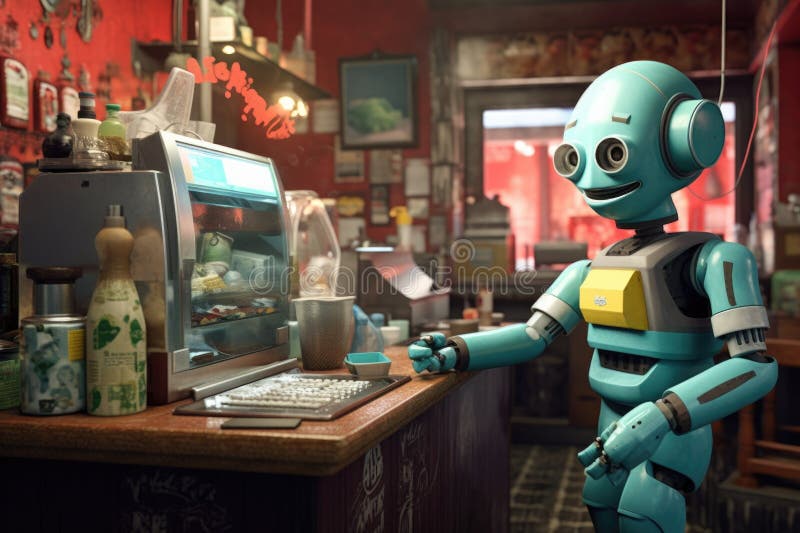 Robot Assistant Handling Cash Register and Payment Stock Image - Image ...