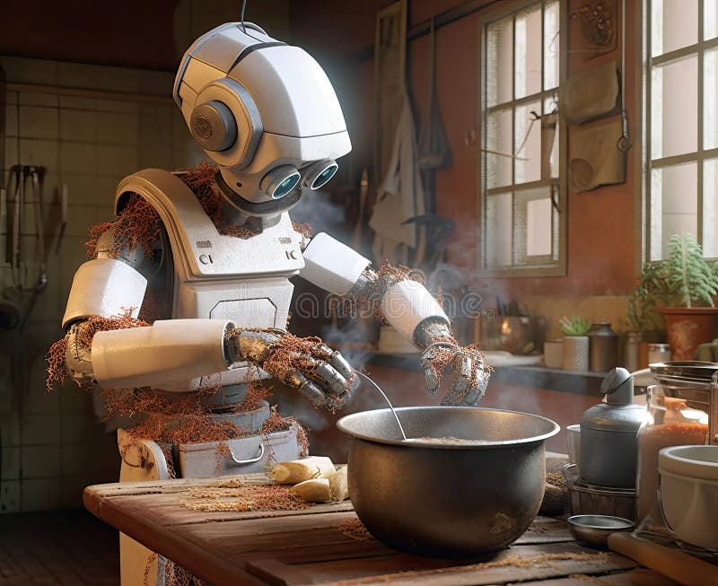 Robot Assistant in the Kitchen Prepares Food. Stock Illustration ...