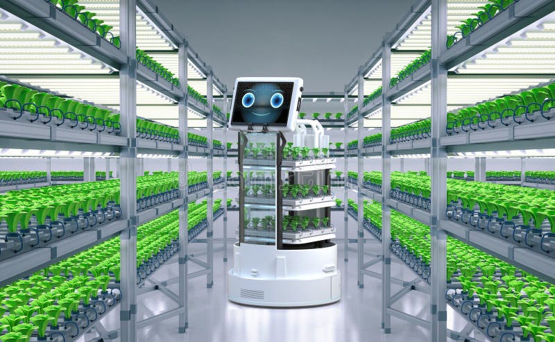 Robot Assistant in Light Growth Indoor Farm Stock Illustration ...