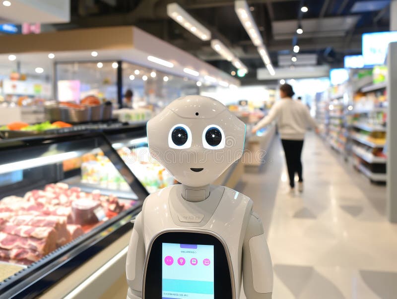Robot Assistant in Modern Supermarket Stock Illustration - Illustration ...