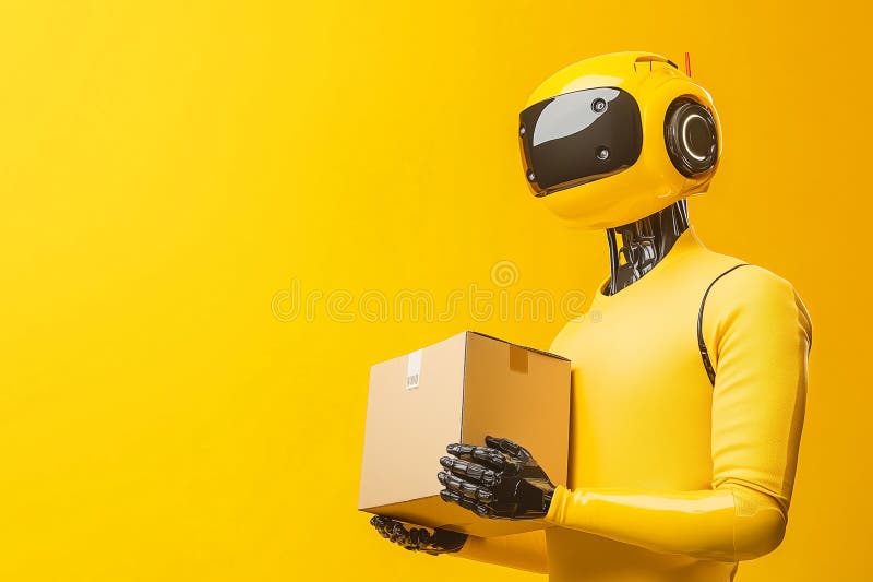 Robot Assistant with Package on Yellow Background Stock Illustration ...
