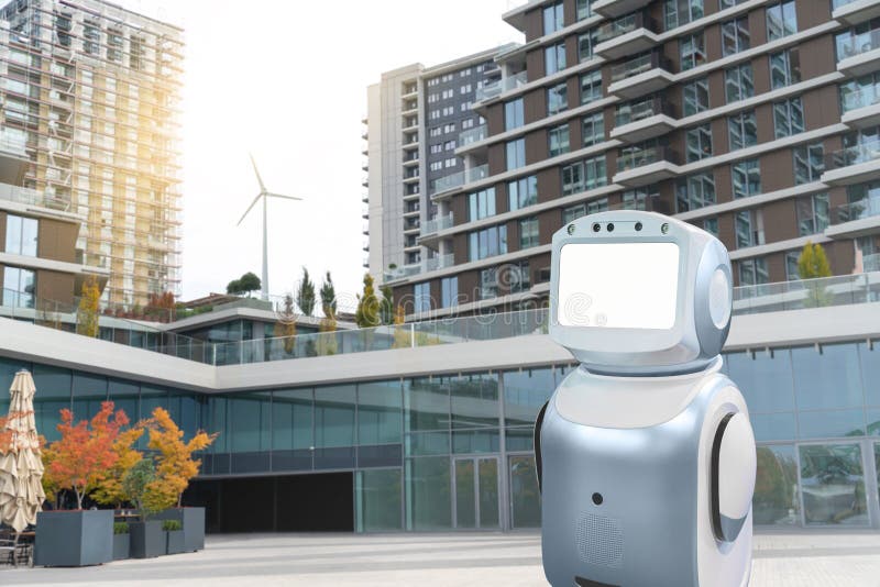 Robot Assistant Walking in Front of Building. Stock Image - Image of ...