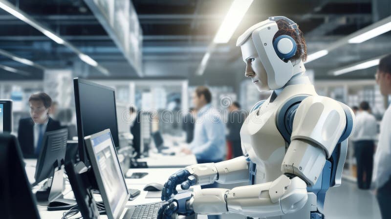 Robot Assistant in the Work Environment Helps People Stock Illustration ...