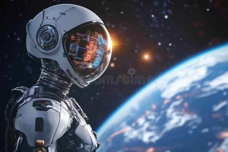 Robot Astronaut Gazes at Earth from Space with a Digital Visor Display ...