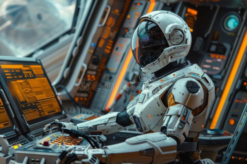 Robot Astronaut in a Spaceship in Space Stock Image - Image of planet ...