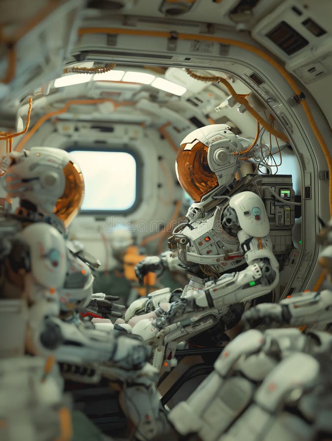 Robot Astronauts Conducting Experiments Aboard a Space Station.a Group ...