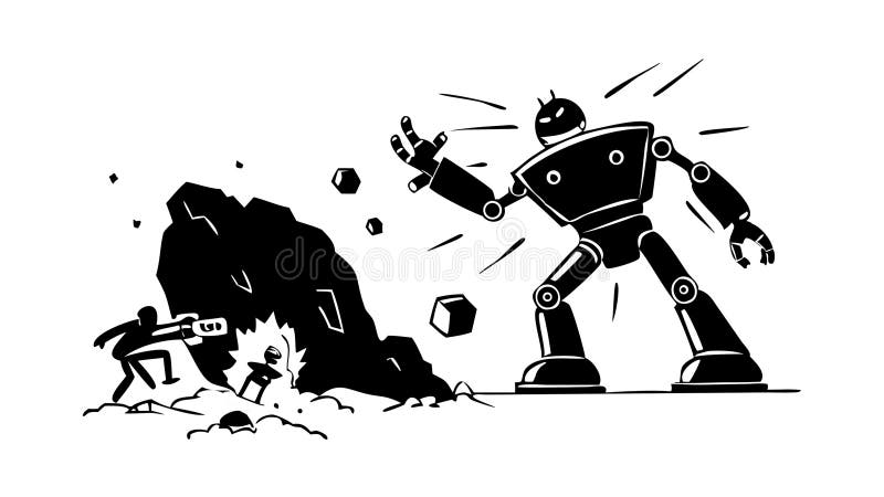 Robot Attacking Obstacle, Symbolizing Strength and Action, Vector ...