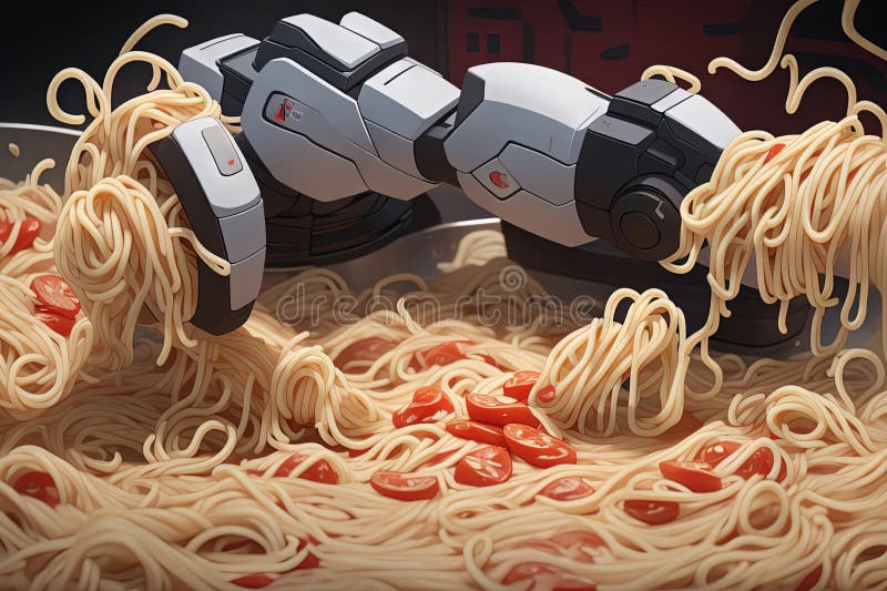 Robot Attempting To Cook Spaghetti but Getting Entangled in a Web of ...