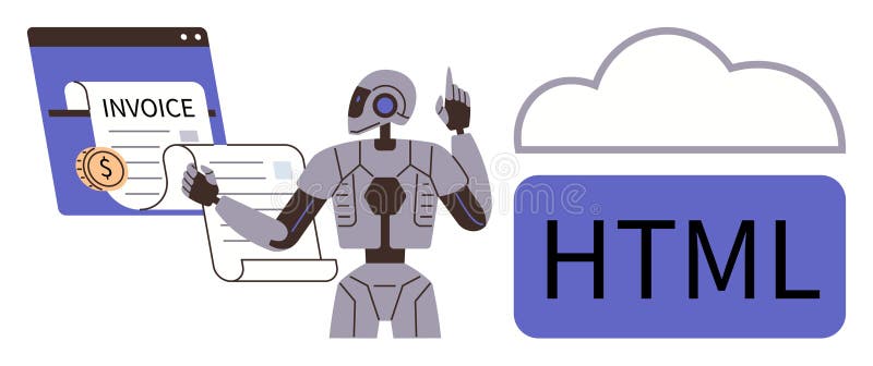 Robot Automating Online Invoice Process with HTML Cloud Integration Stock Vector - Illustration ...