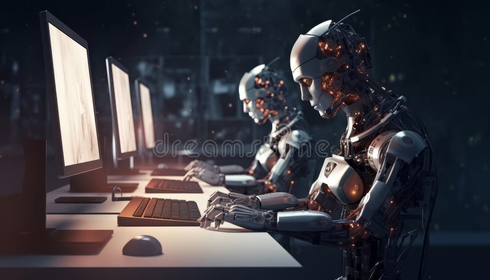 The Robot Automaton Works at the Computer. Automation Su Stock ...