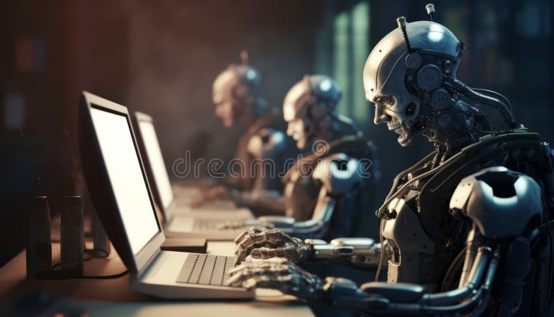 The Robot Automaton Works at the Computer. Automation Su Stock ...