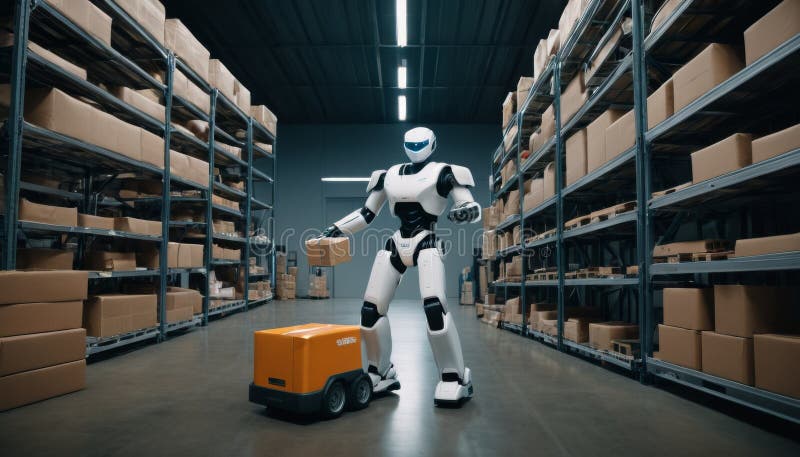 Robot and Autonomous Cart Working in Modern Warehouse Stock Photo ...