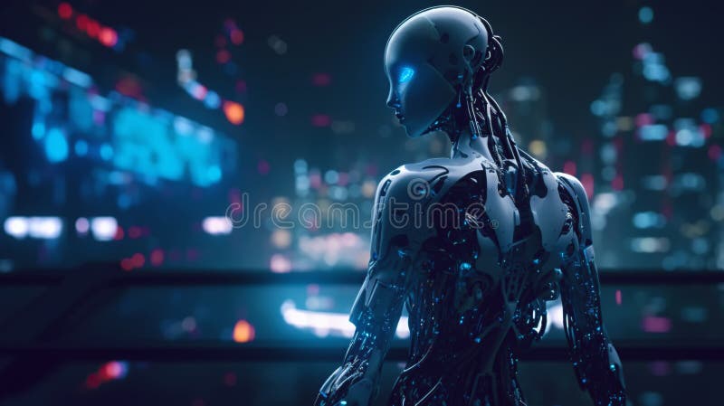 A Robot on the Background of a Fantastic City of the Future Stock ...