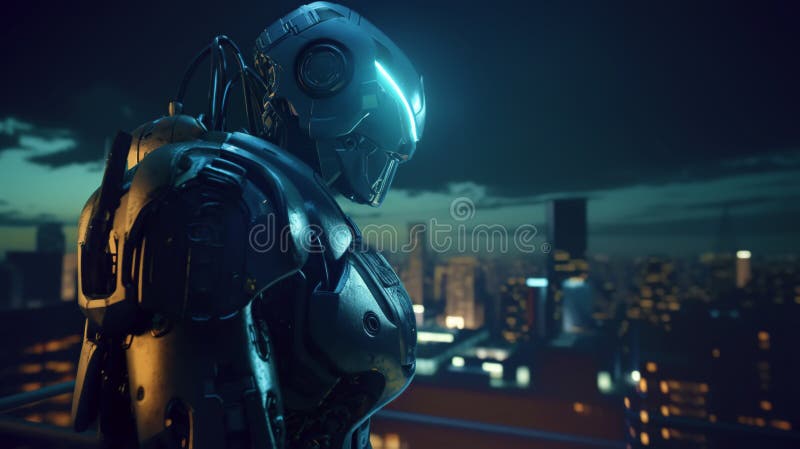 A Robot on the Background of a Fantastic City of the Future Stock ...