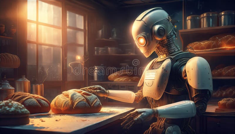 Robot bakes bread stock illustration. Illustration of cartoon - 345256291