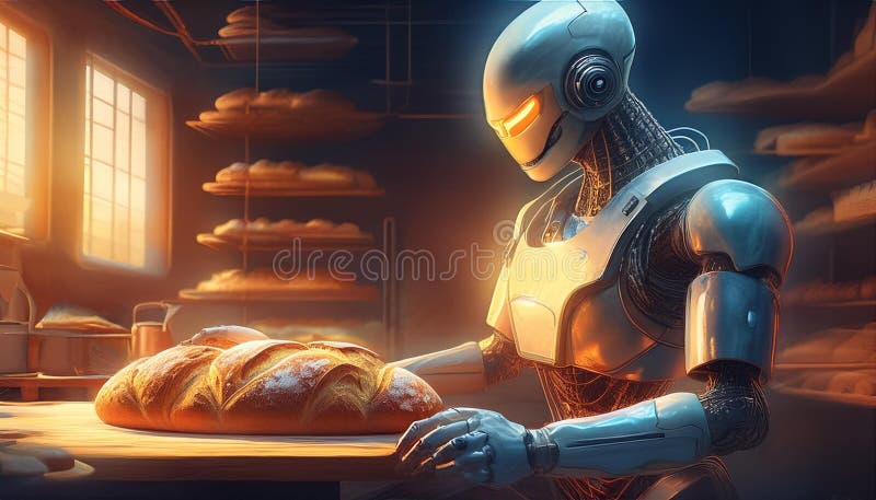 Robot bakes bread stock illustration. Illustration of comics - 345256297