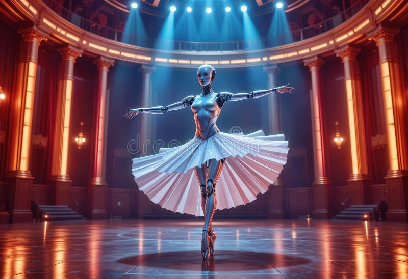 Robot Ballet Dancer Performs in a Grand Theater with Dramatic Lighting ...