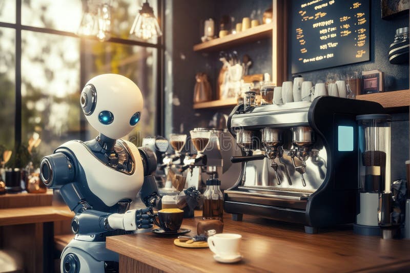 Robot Barista Prepares Coffee in a Modern Cafe Setting during Midday ...