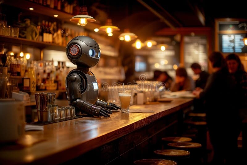 Robot Barman at the Counter Serves Customers in a Bar or Pub Stock ...