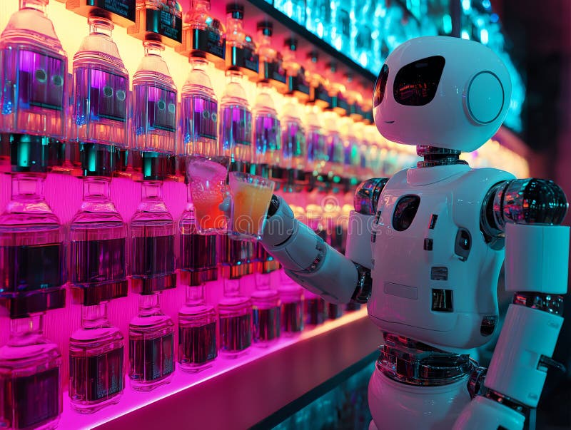 Robot Bartender Interacting with Glowing Neon Drinks Stock Illustration ...