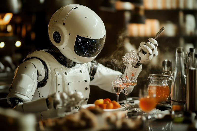 Robot Bartender Prepares Drinks in a Futuristic Bar Setting during ...