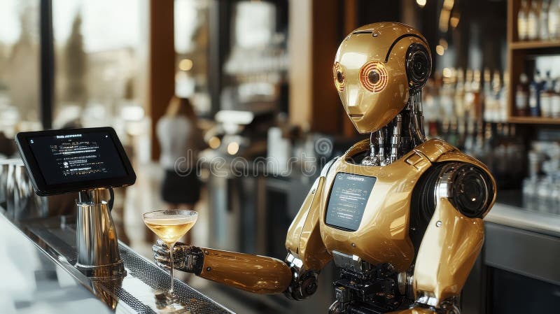 Robot Bartender Serving Futuristic Neon Drinks. Stock Image - Image of ...