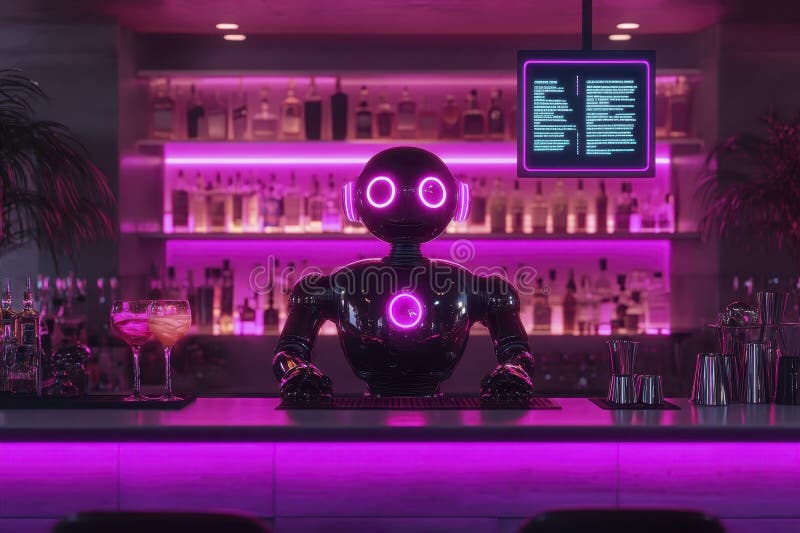 Robot Bartender Serving Futuristic Neon Drinks. Stock Image - Image of ...