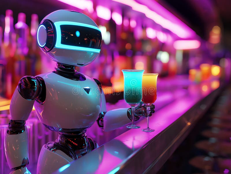 Robot Bartender Interacting with Glowing Neon Drinks Stock Illustration ...
