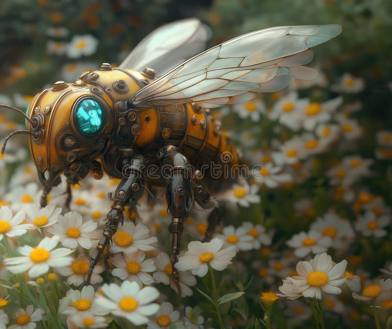 Robot Bee Flying Over Field of Flowers. Stock Photo - Image of animal ...