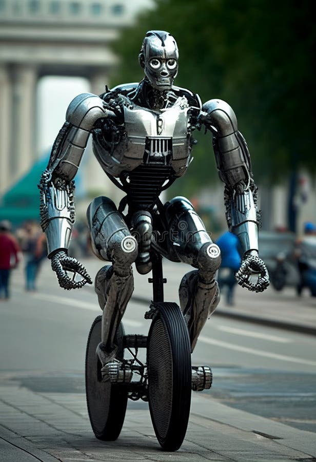 Robot on a Bike Rides through the Streets of the City. AI Generated ...