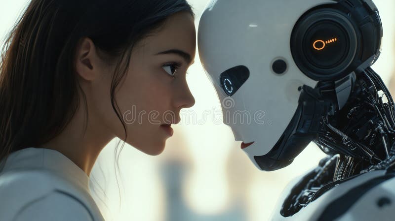 Robot Blanco Con Inteligencia Artificial Hablando Con Un Humano Stock de ilustración ...