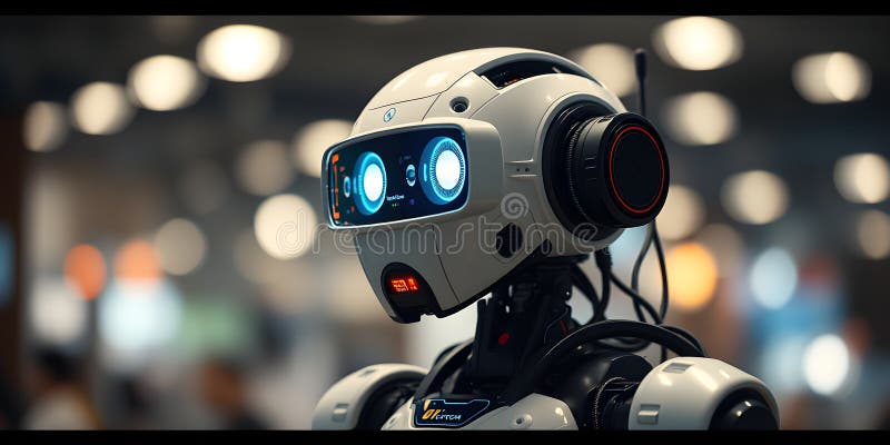 A Robot with a Blue Face and Red Ears Stands in Front of a Crowd of ...