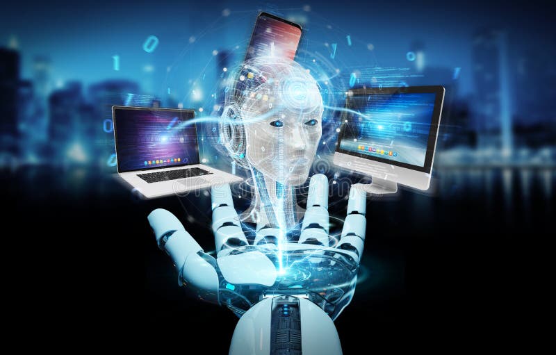 Robot Controlling Modern Devices Interface System 3D Rendering Stock ...