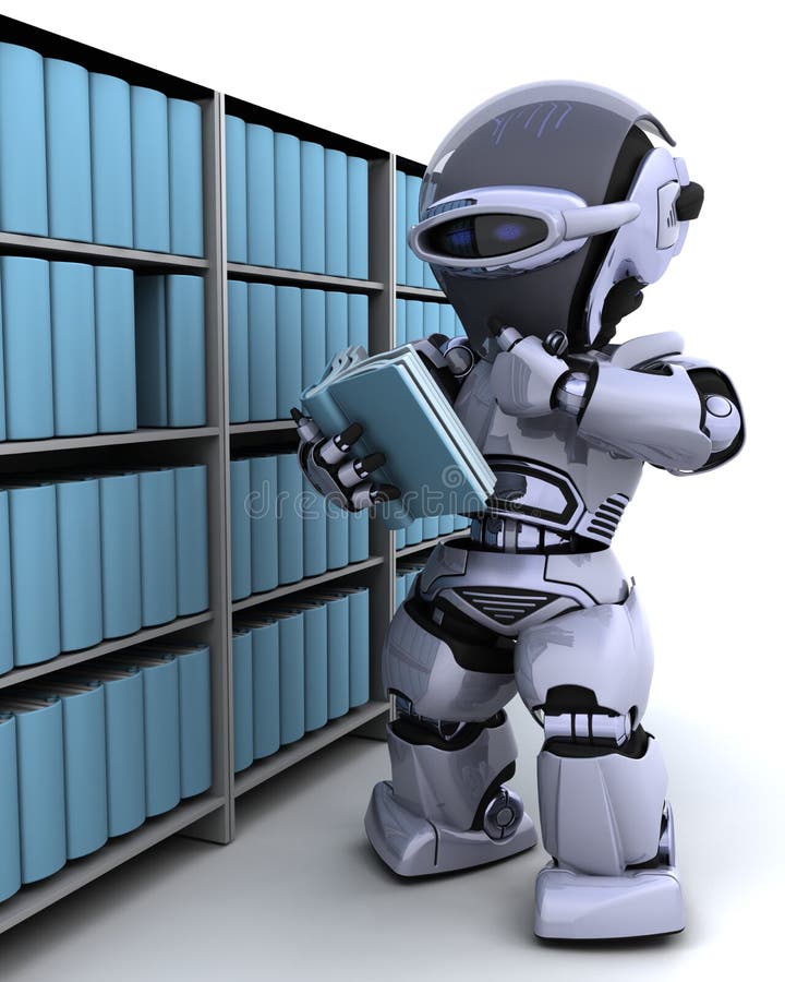 Robot at bookshelf stock illustration. Illustration of study - 15074962