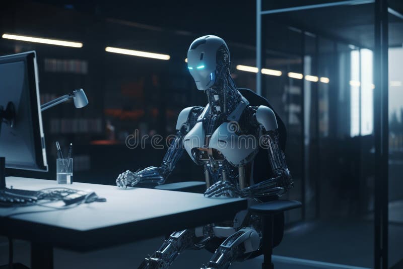 Robot Boss or Ceo Sitting in a Futuristic Robot Working in the Office ...