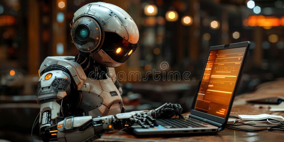 Robot Bot Programmer Sits at the Computer. Generated by AI Stock ...