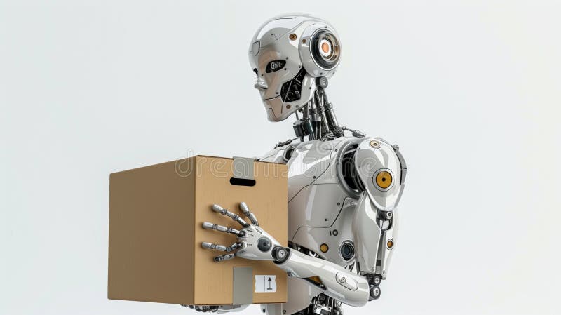 Robot with Box on White Background: Innovation and Delivery Concept ...
