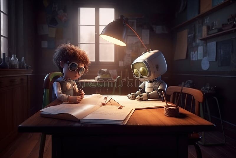 The Robot and the Boy Do Their Homework Together Stock Illustration ...